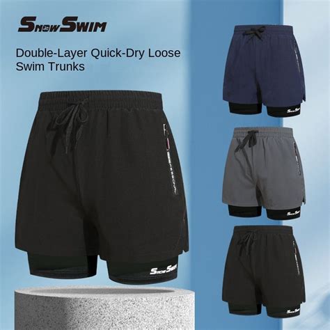 Mens Double Layer Swimming Trunks Boxer Adult Quick Drying Anti