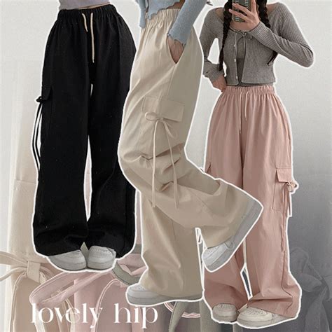 러블리힙🎀 에띠 리본 포켓 카고 코튼 와이드 롱 밴딩 팬츠 4colors 에이블리