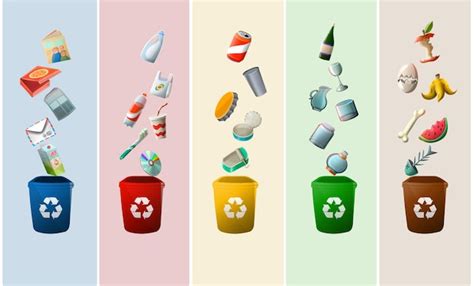 Una Fila De Papeleras De Reciclaje Con Diferentes Colores Y Una Que