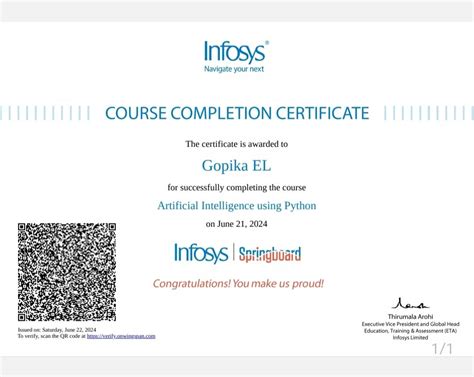 Gopika El On Linkedin Successfully Completed The Artificial Intelligence Using Python In Infosys