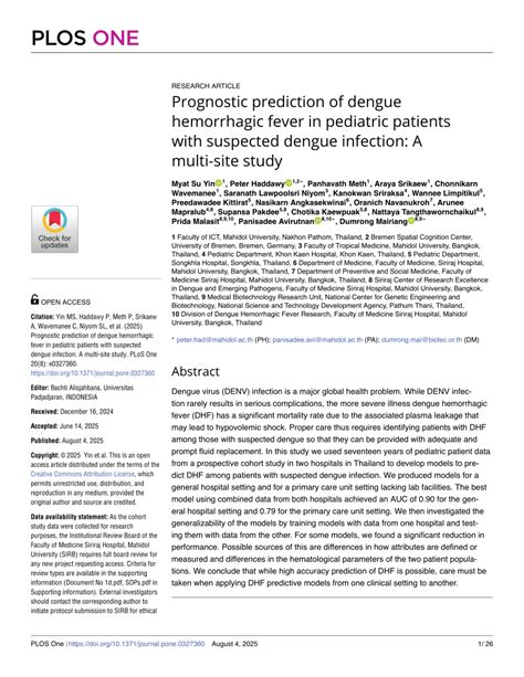 Pdf Prognostic Prediction Of Dengue Hemorrhagic Fever In Pediatric Patients With Suspected