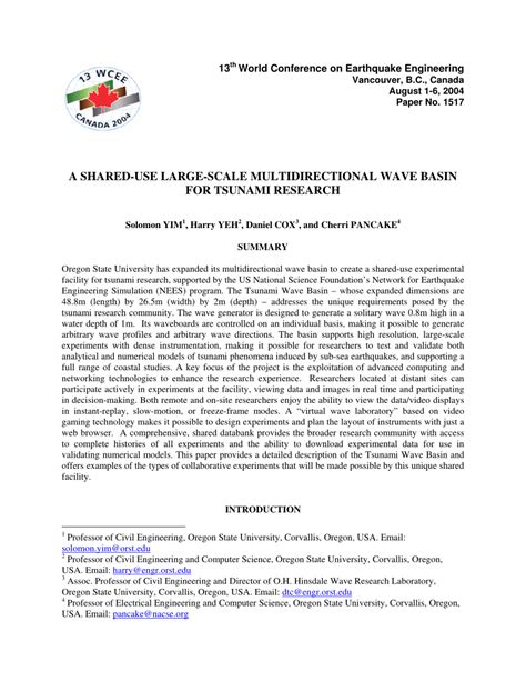 Pdf A Shared Use Large Scale Multidirectional Wave Basin For Tsunami Research