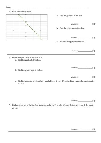 Straight Line Graphs Gcse Revision Worksheetanswers Teaching Resources