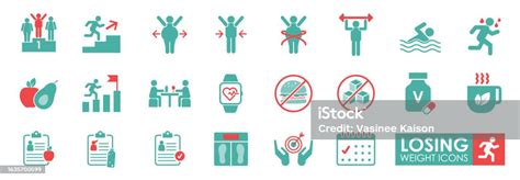 체중 감량 아이콘이 설정되었습니다 단색 아이콘 벡터 컬렉션입니다 건강한 생활 습관 건강한 식습관 다이어트 운동 및 체크리스트가 포함되어 있습니다 걷기에 대한 스톡 벡터 아트