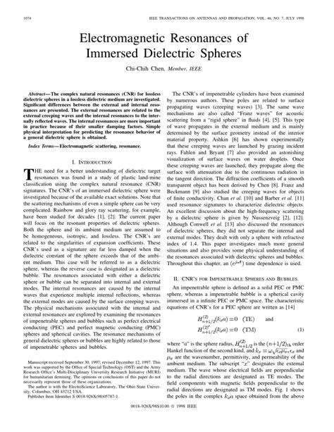Pdf Electromagnetic Resonances Of Immersed Dielectric Spheres