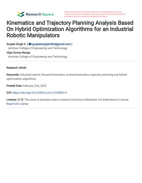 PDF Kinematics And Trajectory Planning Analysis Based On Hybrid Optimization Algorithms For An