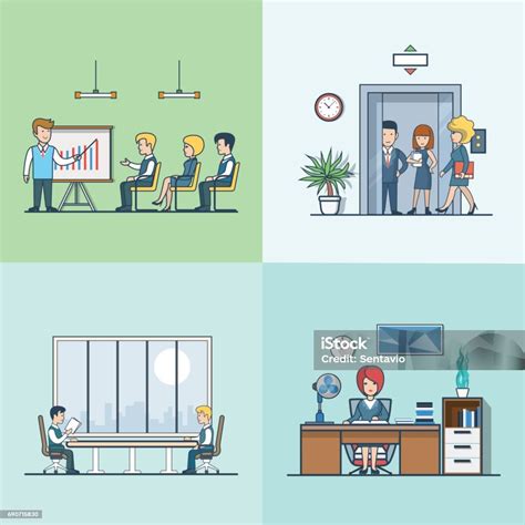 작업 장소에 선형 평면 기업인 벡터 일러스트 레이 션 세트 훈련 또는 보고서 회의 룸 일상적인 작업 엘리베이터 이미지를 입력 하는 여자에 남자 사무실 생활 개념입니다