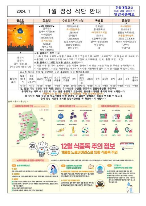 안양서중학교 가정통신문 2023학년도 12 1월 식단 안내