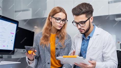 Premium Ai Image Portrait Of Two Creative Young Female And Male Engineers Using Tablet