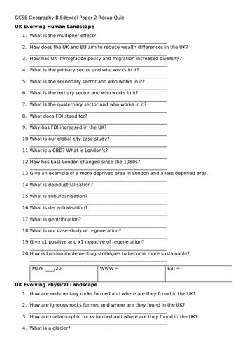 Edexcel B Gcse Geography Paper 2 Revision Workbook Teaching Resources