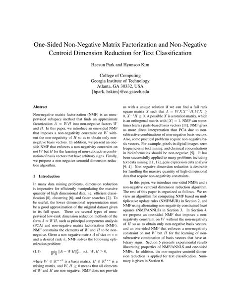 Pdf One Sided Non Negative Matrix Factorization And Non Negative Centroid Dimension Reduction