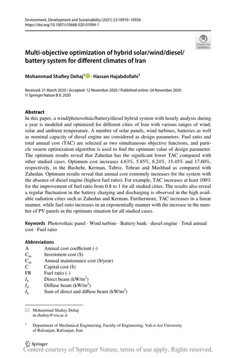 Multi Objective Optimization Of Hybrid Solar Wind Diesel Battery System