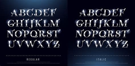 우아한 실버 컬러 메탈 크롬 알파벳 대문자 글꼴의 집합입니다 타이 포 그래피 클래식 스타일은 글꼴 세트 로고 포스터 초대장 벡터 일러스트 레이 터 금속에 대한 스톡 벡터