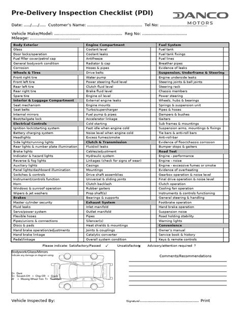 Danco Pre Delivery Inspection Checklist Pdf Steering Brake
