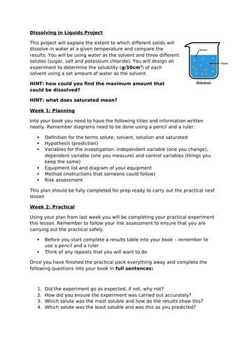 Ks3 Chemistry Dissolving Project Booklet Planning Practical Graph Etc