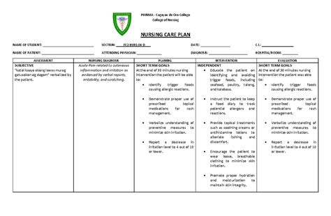Skin Ncp This Is A Sample Ncp Phinma Cagayan De Oro College College Of Nursing Nursing