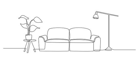 식물과 소파와 램프와 테이블의 연속 한 줄 그리기 로프트 아파트의 거실 인테리어 심플한 리니어 스타일의 현대적인 가구 낙서 벡터 일러스트레이션 0명에 대한 스톡 벡터 아트