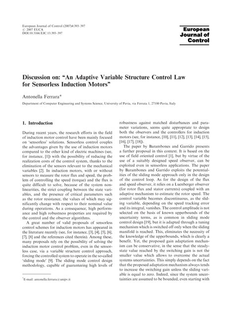 PDF Discussion On An Adaptive Variable Structure Control Law For Sensorless Induction Motors