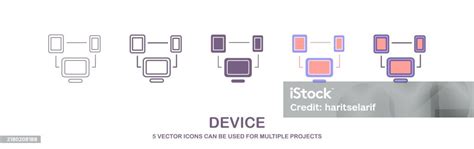 컴퓨터 모니터 태블릿 또는 스마트폰을 포함한 연결된 장치의 네트워크를 나타내는 검은색 선 벡터 아이콘입니다 장치 연결의 개념을