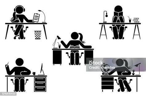 스틱 그림 남성과 여성 연구 학교에서 수업을 배우고 홈 오피스 도서관 벡터 일러스트 세트 Stickman 학생 손 쓰기 음악을 듣고 독서 흰색에 책상 그림에 앉아 검은색에