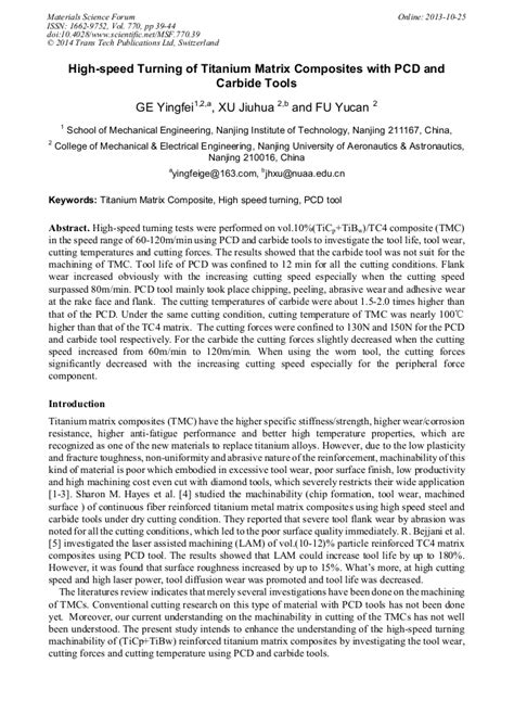 High Speed Turning Of Titanium Matrix Composites With Pcd And Carbide Tools Scientific Net