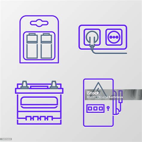 라인 전기 패널 자동차 배터리 콘센트 및 배터리를 팩 아이콘으로 설정합니다 벡터 0명에 대한 스톡 벡터 아트 및 기타 이미지