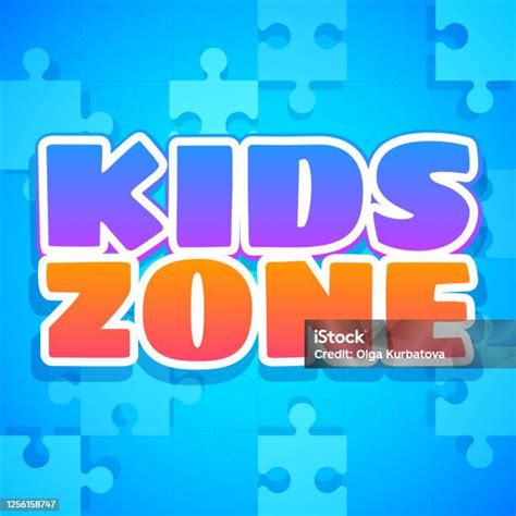 키즈 존 다채로운 놀이 공원 놀이 방 또는 게임 영역 로고 파란색 텍스트와 어린이 보라색과 오렌지 엠블럼을위한 놀이터 벡터 밝은