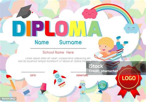 인증서 유치원 및 초등 학생 유치원 아이 들 졸업장 인증서 패턴 디자인 서식 파일 졸업장 유치원 학생 아이 들 졸업장 증명서 서식 파일 벡터 일러스트 레이 션 감탄에 대한