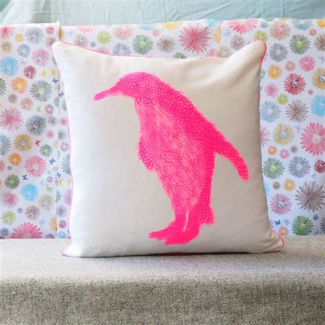 Chloe Gardner Piped Linen Animal Cushion Fluoro Pink Penguin