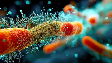 Vivid Microscopic View Of Bacteria Structures Glowing With Blue And Orange Hues Showcasing