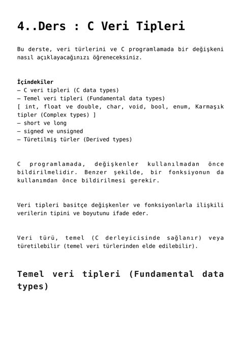 C Veri Tipleri C Data Types Pdf
