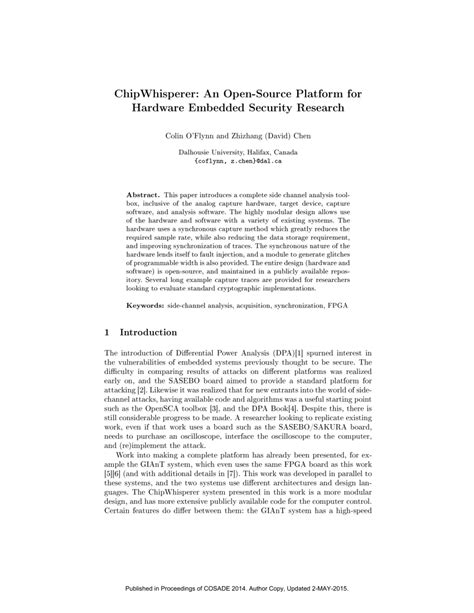 Pdf Chipwhisperer An Open Source Platform For Hardware Embedded