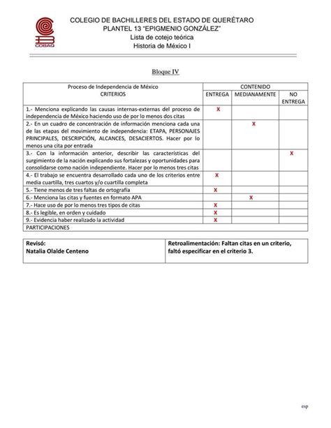 Lista De Cotejo Teórica Bloque Iv Historia De Mexico Relación Bloques