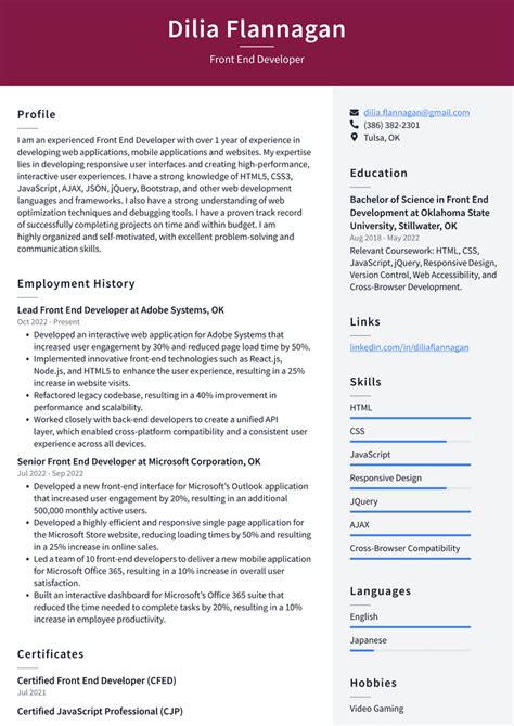 Apple Front End Developer Resume Examples Resumecat
