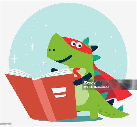 책을 읽고 슈퍼 히어로 의상에 재미 공룡 슈퍼 디노 바람에 흔들리는 망토와 서 만화 슈퍼 히어로 학교 벡터 개념으로 돌아가기 0명에 대한 스톡 벡터 아트 및 기타 이미지