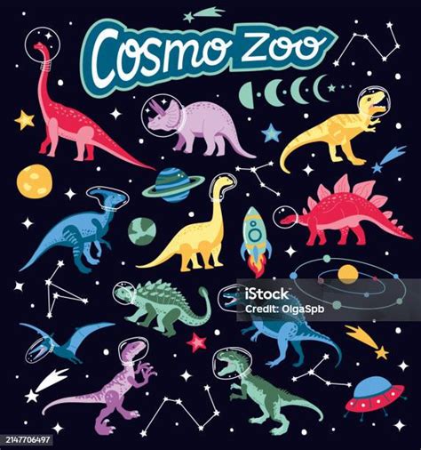 우주 비행사 공룡 캐릭터 세트 디자인 귀여운 공간 일러스트입니다 공룡 우주선 로켓 벡터 인쇄 경외감에 대한 스톡 벡터 아트 및 기타 이미지 Istock