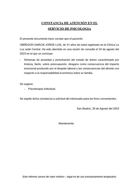 Constancia De Atención Psicológica 2023 Pdf