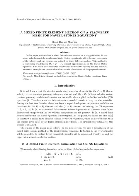 Pdf A Mixed Finite Element Method On A Staggered Mesh For Navier Stokes Equations