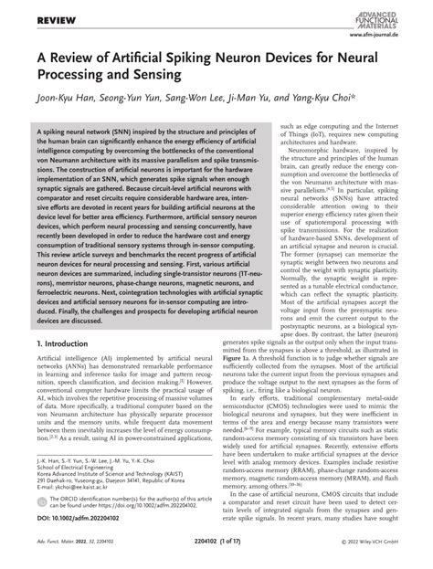A Review Of Artificial Spiking Neuron Devices For Neural Processing And Sensing Request Pdf