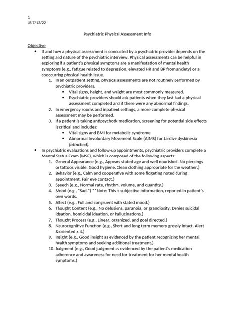 Psychiatric Physical Assessment Guide Pdf Psychiatry Disability
