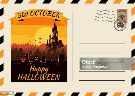 행복 한 할로윈 엽서 초대 우표 배경 디자인 다크 캐슬 템플릿입니다 벡터 격리 배너 포스터 10월에 대한 스톡 벡터 아트 및