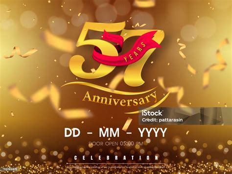 골드 배경에 57 년 기념일 로고 템플릿 57 빨간 리본 벡터와 색종이 고립 된 디자인 요소와 황금 숫자를 축 하 0명에 대한 스톡 벡터 아트 및 기타 이미지 Istock
