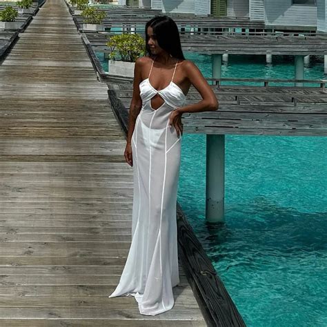 Mesh White Spaghetti Strap Hollow Out Dress Vivuki