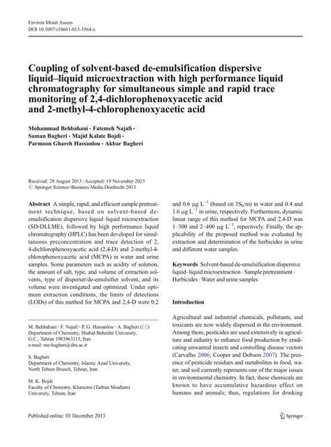 Pdf Coupling Of Solvent Based De Emulsification Dispersive Liquid Liquid Microextraction With