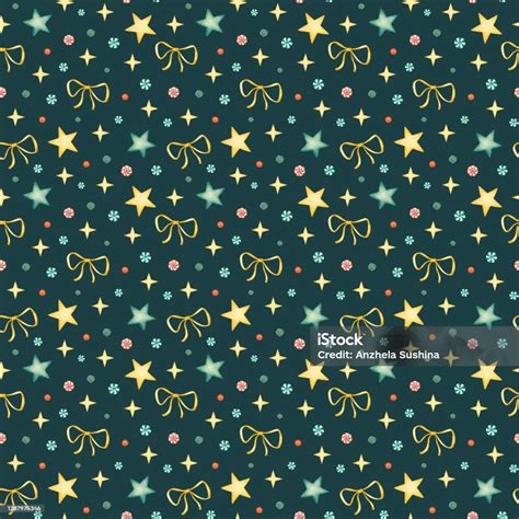 수채화 전통적인 크리스마스 녹색 노란색 축제 요소와 원활한 패턴 골드 리본 활 별 색종이 홀리데이 핸드 그린 배경 0명에 대한 스톡 벡터 아트 및 기타 이미지 Istock