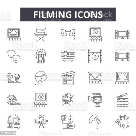 촬영 라인 아이콘 기호 설정 벡터 촬영 개요 개념 삽화 영화 영화 동영상 엔터테인먼트 3차원 형태에 대한 스톡 벡터 아트 및