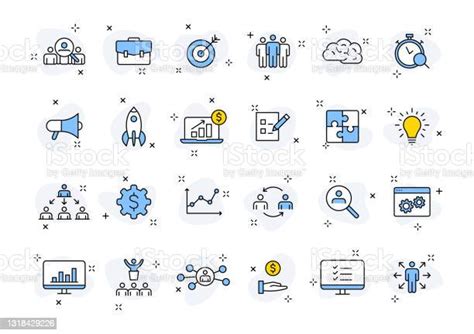 라인 스타일의 24 관리 웹 아이콘 세트입니다 미디어 팀워크 비즈니스 기획 전략 마케팅 벡터 그림입니다 경영자에 대한 스톡 벡터