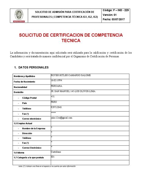 Solicitud Para Competencia Tecnica Ig1 Ig2 Ig3 Pdf
