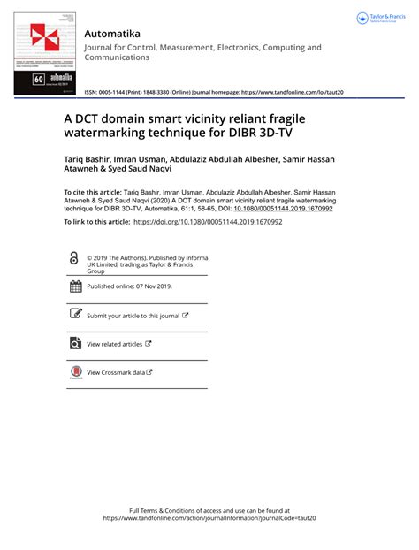 Pdf A Dct Domain Smart Vicinity Reliant Fragile Watermarking Technique For Dibr 3d Tv