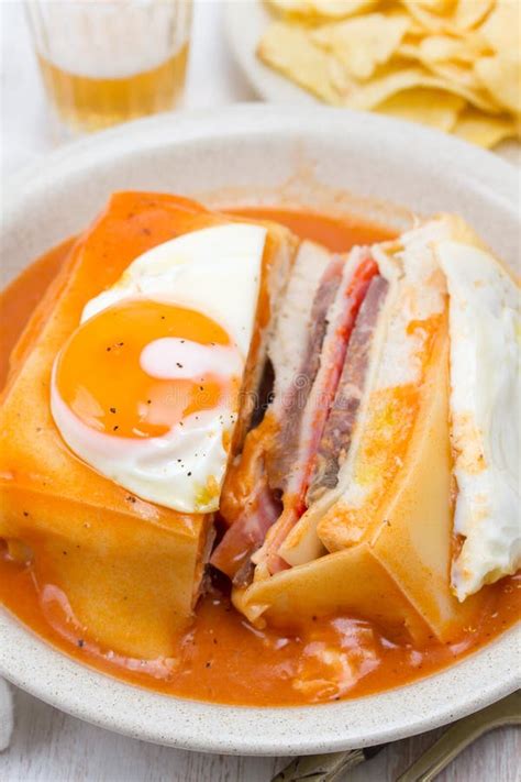Traditional Portuguese Sandwich With Sauce Francesinha On Dish Stock Image Image Of Knife
